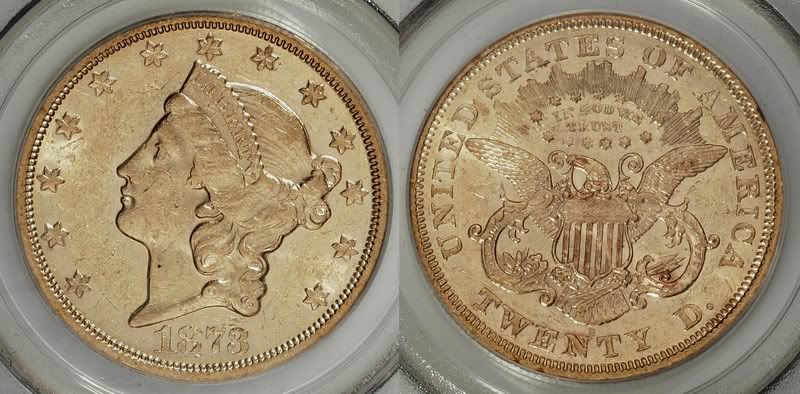 1873-S (Closed 3) PCGS AU-58 (Semi-Prooflike) $20 Liberty (Type 2) Double Eagle -- Doubled Stars ...